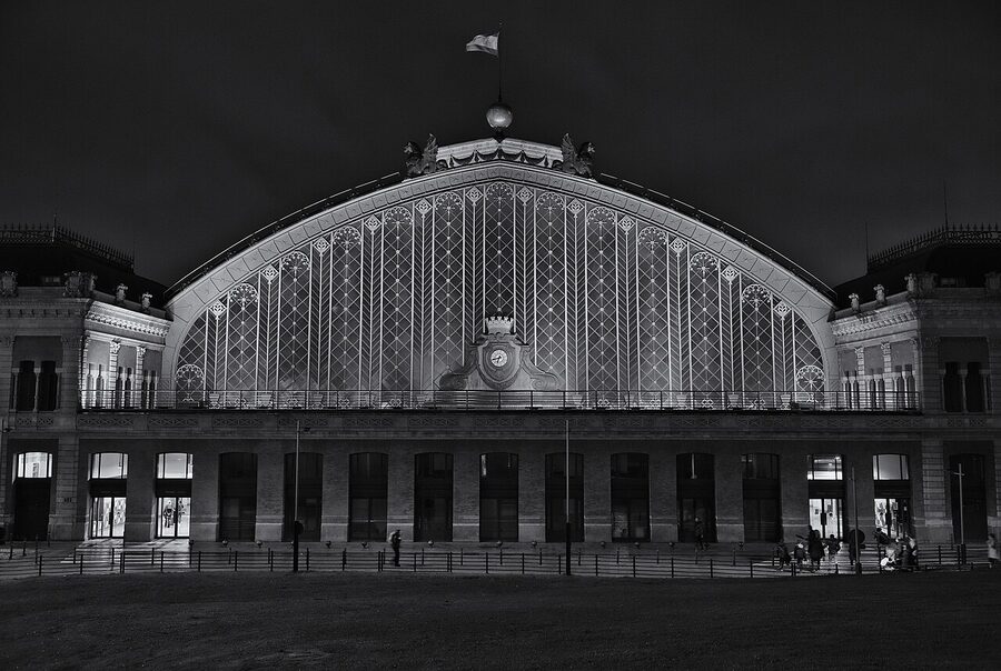 Atocha railway station at night, near the Reina Sofia Museum