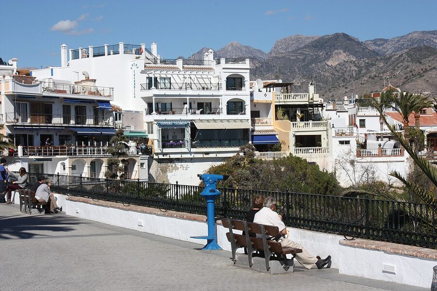 Whitewashed promenade leading onto the Balcón de Europa in Nerja