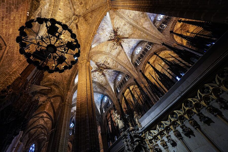 Interior Gothic vaulted ceiling of Barcelona Cathedral
