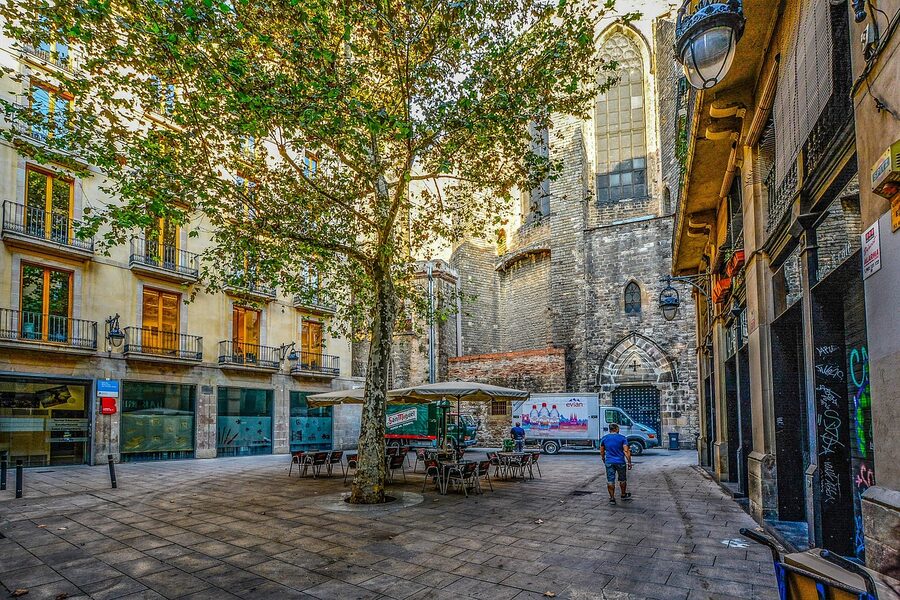 Gothic Quarter Barcelona morning view of cathedral square with cafe tables