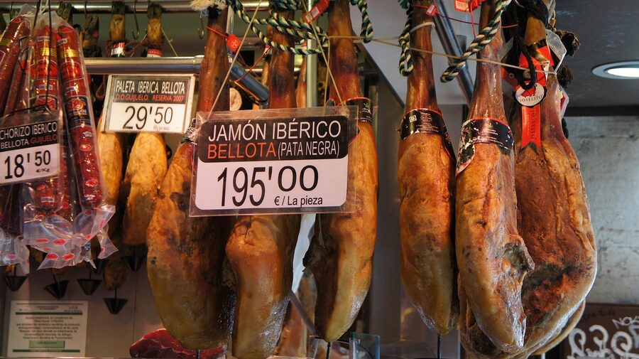 Iberian ham at a Barcelona market hall