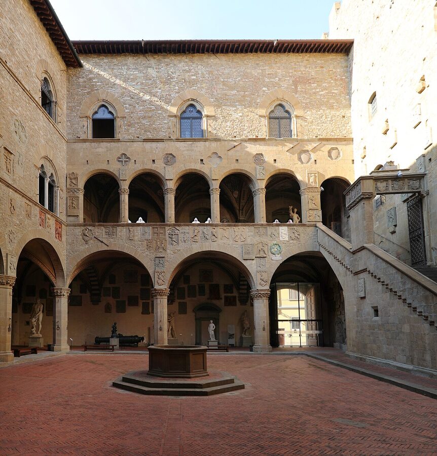 Coats of arms carved in stone in the Bargello courtyard