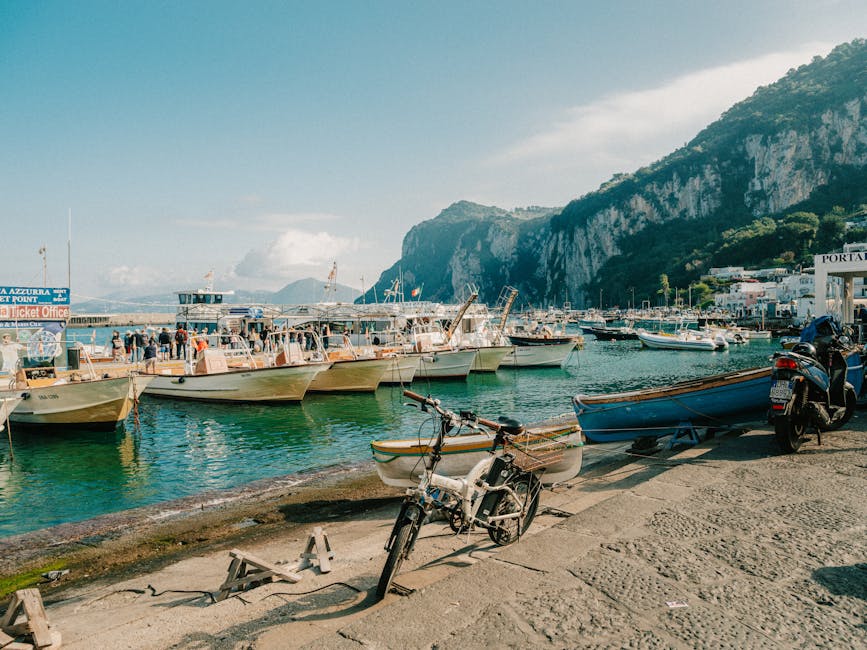 Capri marina with boats moored along the shore in summer