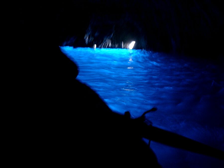 Rowboats lined up at the Blue Grotto entrance on Capri
