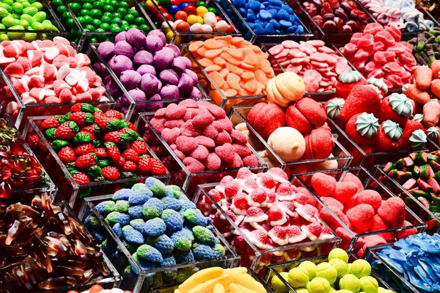 Candy stall display at La Boqueria market Barcelona