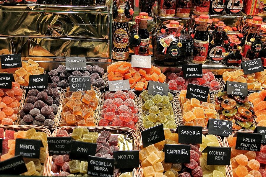 Fruit pyramids stalls at La Boqueria Barcelona