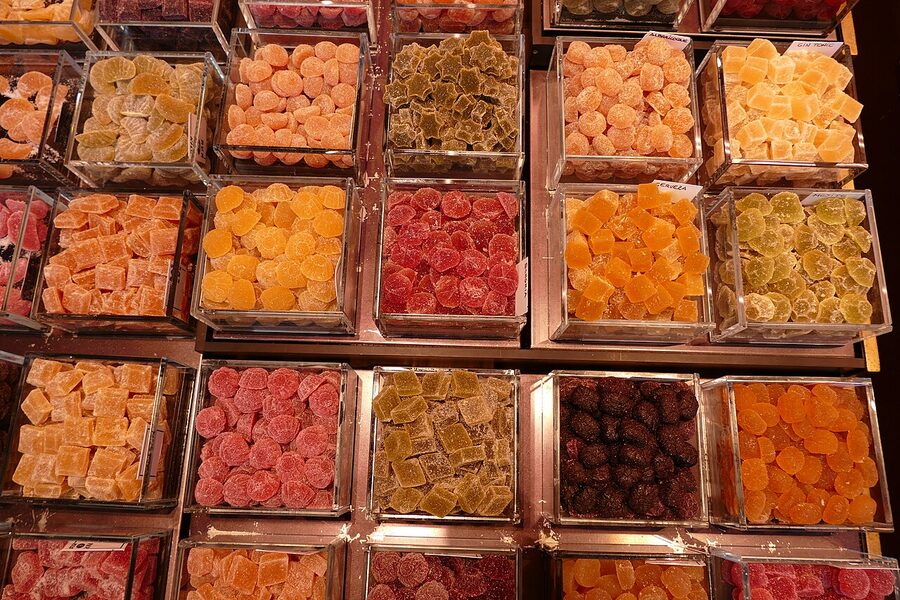 Jellied fruit candy stall at La Boqueria Barcelona