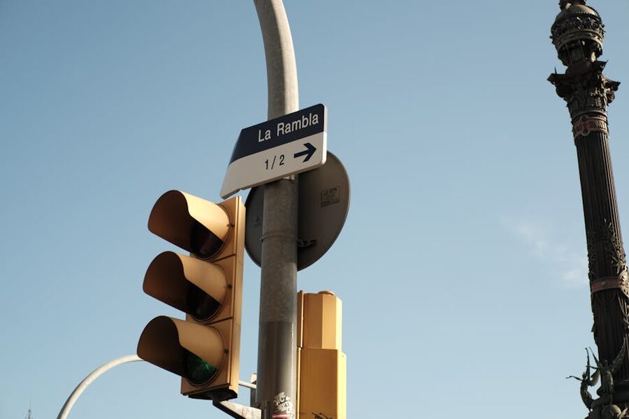 La Rambla street sign and traffic light Barcelona
