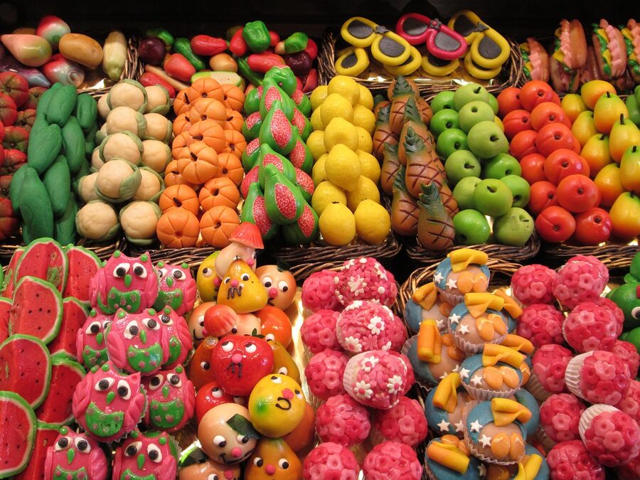 Marzipan candy stall at La Boqueria market Barcelona