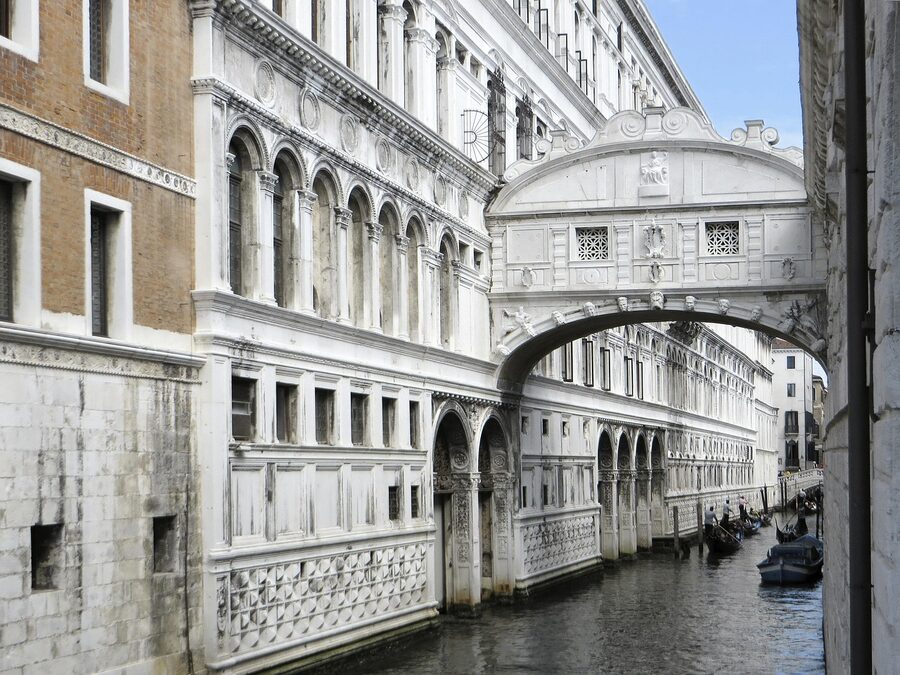 Bridge of Sighs over the Rio di Palazzo with gondola Venice