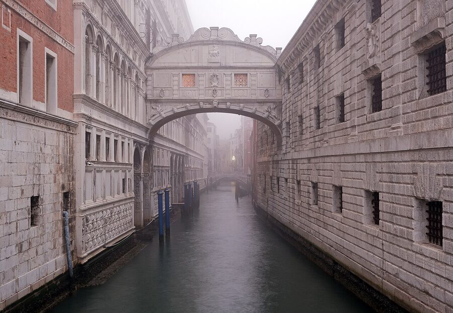 Bridge of Sighs Venice on a foggy morning