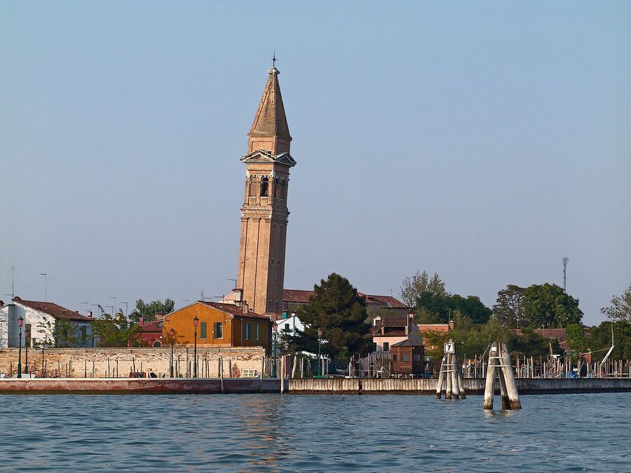 Leaning campanile of San Martino church on Burano island