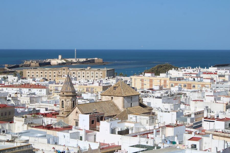 Aerial view of Cadiz old town with the San Sebastian Castle and ocean