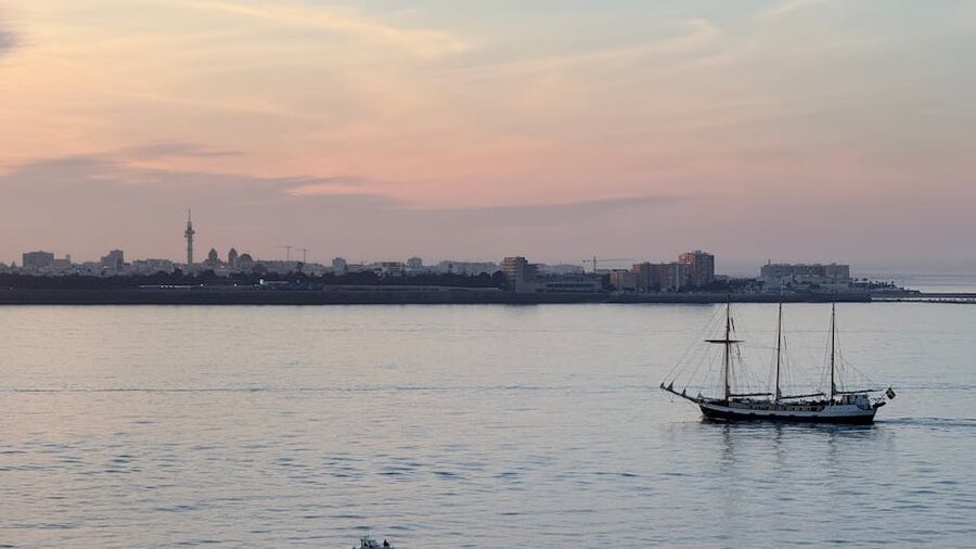 Sailing ship at sunset in Cadiz Bay