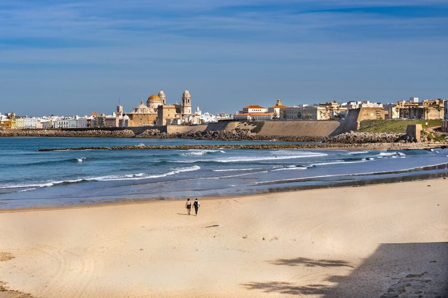 Cádiz Cathedral seen from the sandy beach