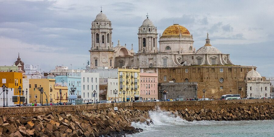 Cadiz cathedral seen from the harbour quay