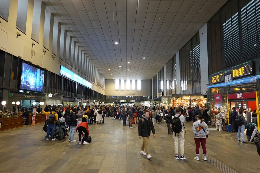 Seville Santa Justa station main hall with passengers