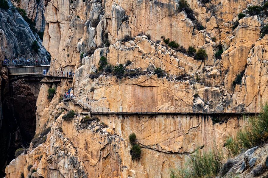 The Caminito del Rey walkway running along the steep wall of the El Chorro gorge near Ardales