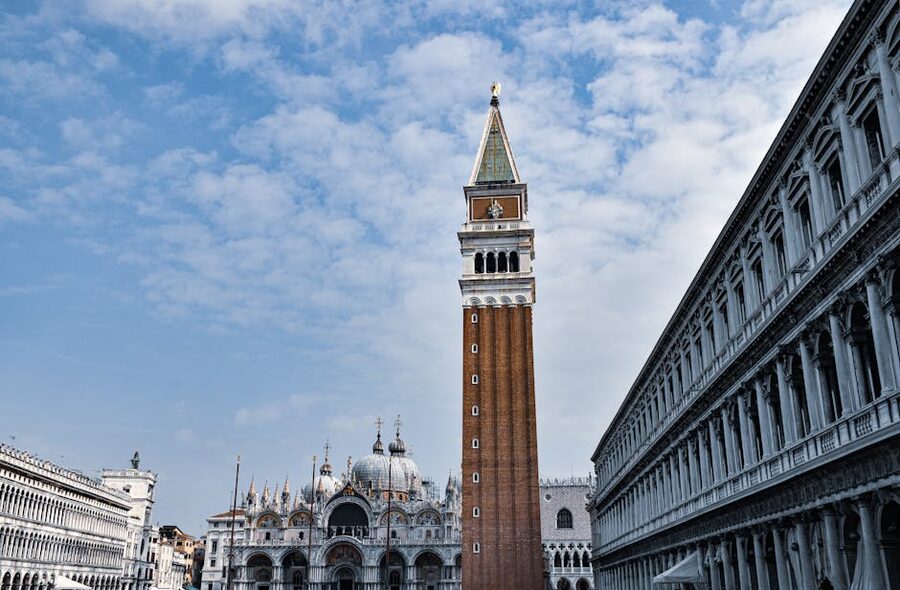 St Mark's Campanile and Basilica from inside Piazza San Marco