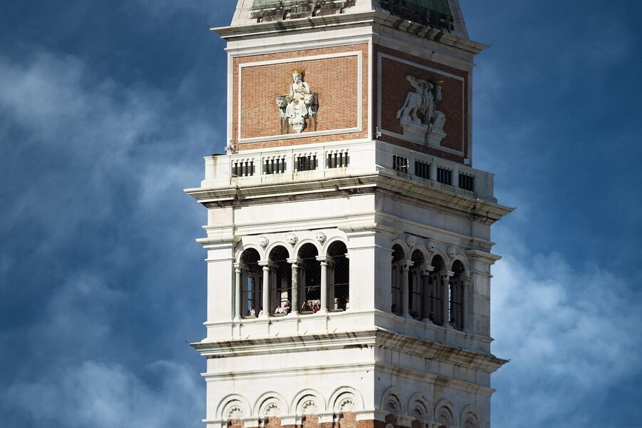 St Mark's Campanile dominating the skyline of Piazza San Marco Venice
