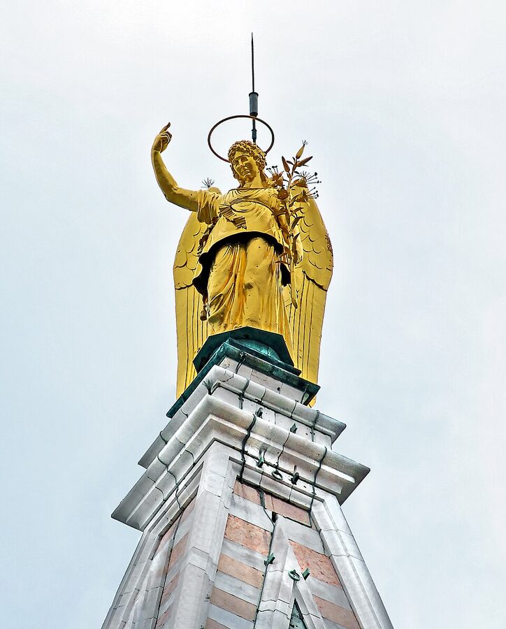 Close-up of the gold weathervane angel at the top of St Mark's Campanile