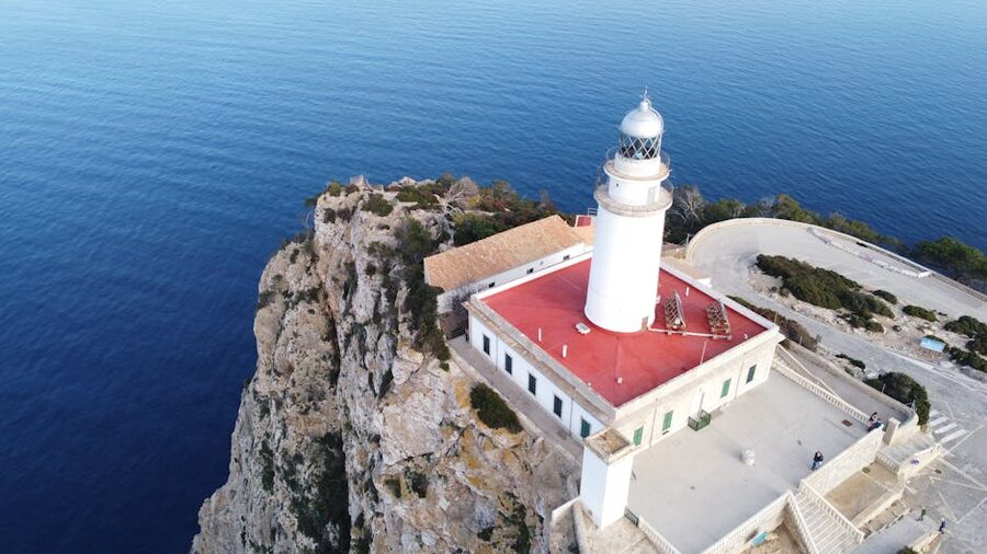 Aerial view of Cap de Formentor lighthouse on the cliffs of northern Mallorca
