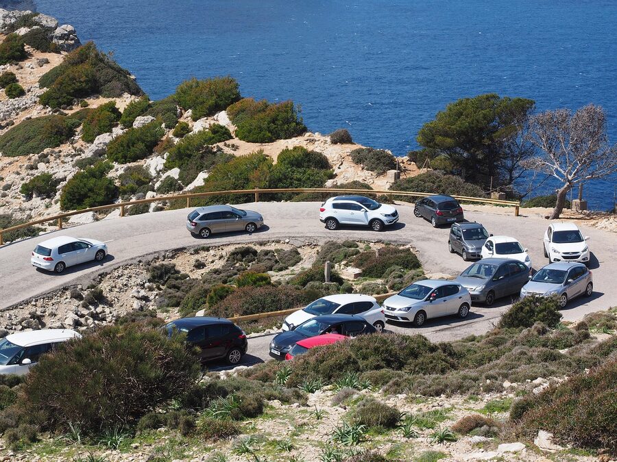 Traffic jam on the pass road to Cap de Formentor in summer