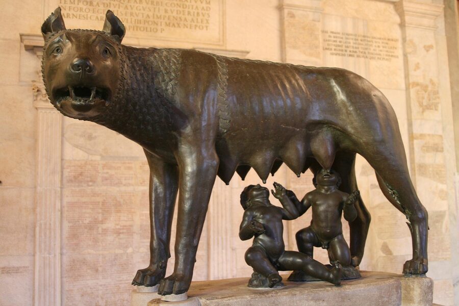 Bronze Capitoline she-wolf with Romulus and Remus sculpture