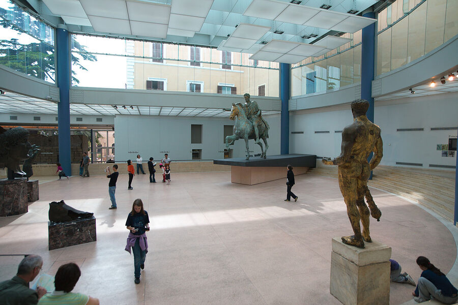 Original Marcus Aurelius equestrian statue inside glass hall at Capitoline Museums