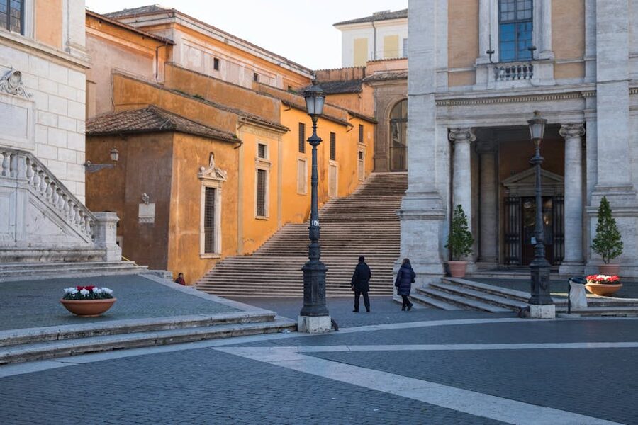 Piazza del Campidoglio steps and architecture in Rome at twilight