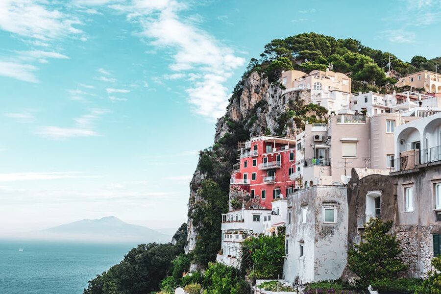 Houses on Capri cliffs with sea backdrop