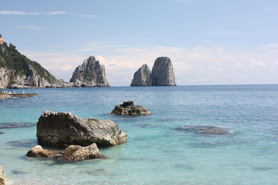 Capri Faraglioni sea stacks against the sea horizon