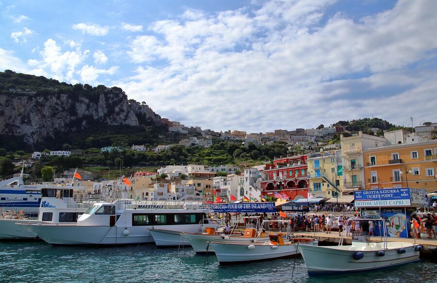 Marina Grande Capri waterfront with restaurants and boats