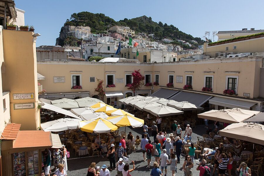 La Piazzetta square in Capri with clocktower and cafés