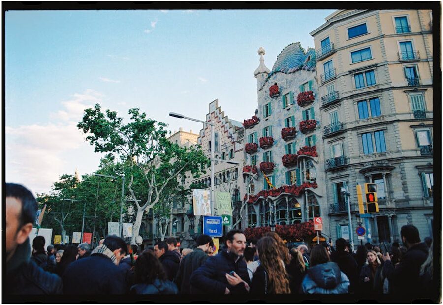Crowd outside Casa Batllo on Passeig de Gracia Barcelona