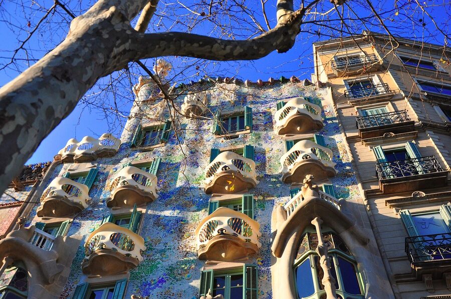 Casa Batllo front elevation blue tiles Passeig de Gracia