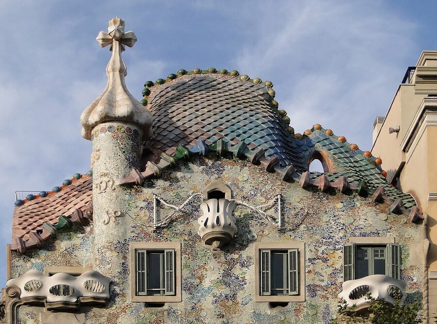 Casa Batllo skull balconies and trencadis facade detail