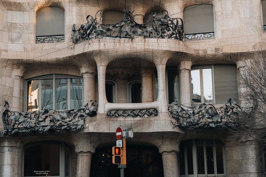 Detail of curving stone facade and balconies on Casa Milà Barcelona