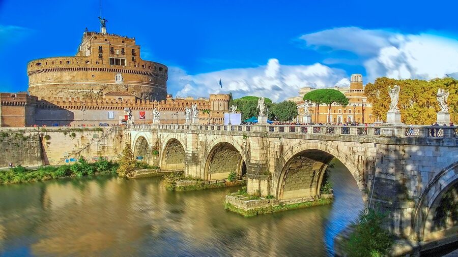 Castel Sant'Angelo and the Ponte Sant'Angelo with statues approaching the castle Rome