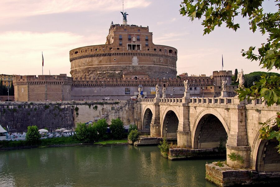 Panorama view of the Tiber and Castel Sant'Angelo bridge from the castle Rome