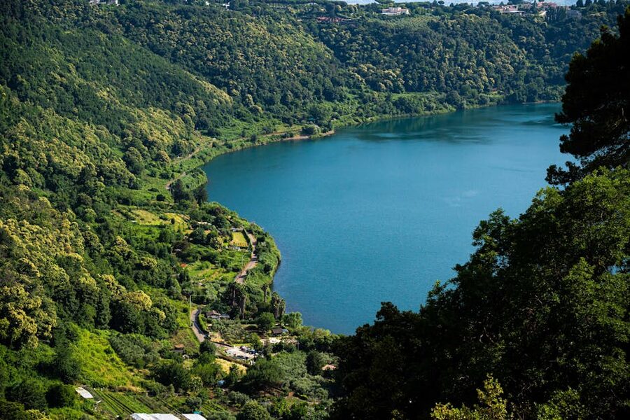Aerial view of Lake Nemi in the Alban Hills Lazio