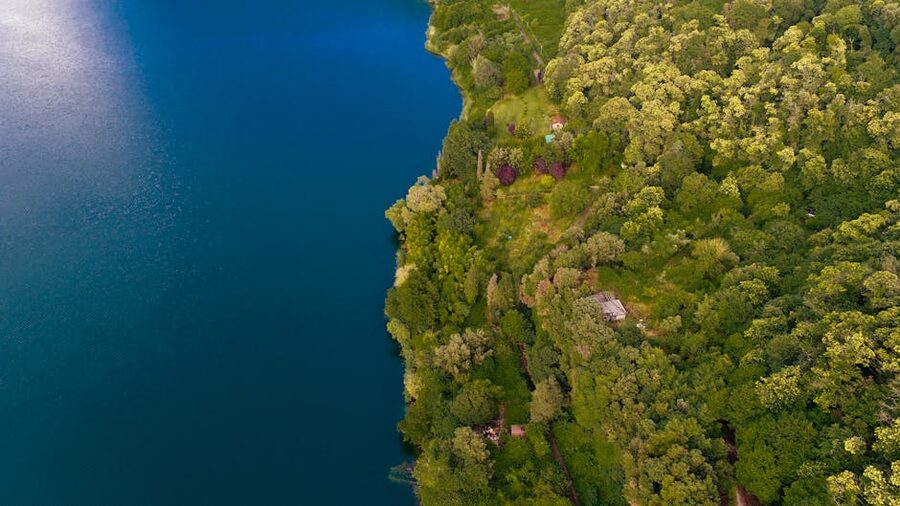 Aerial view of forest and lake in the Castelli Romani regional park