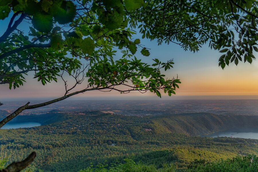 Sunset over Rocca di Papa with Lake Albano and Lake Nemi visible in the Castelli Romani