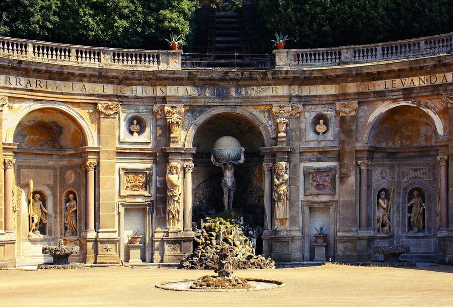 Villa Aldobrandini gardens with statue and fountain in Frascati