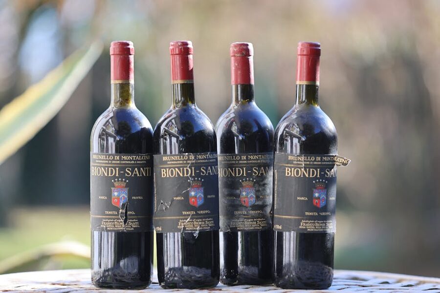 Italian red wine bottles arranged outdoors in Tuscany