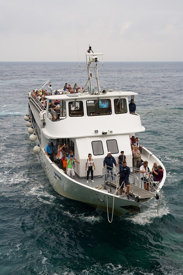Cinque Terre ferry approaching Riomaggiore from the sea
