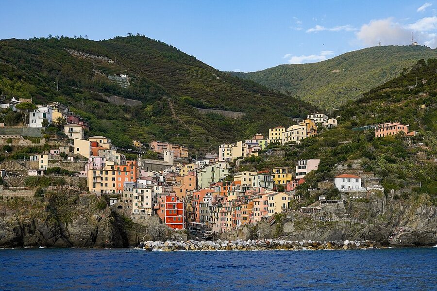 Riomaggiore village from the ferry deck