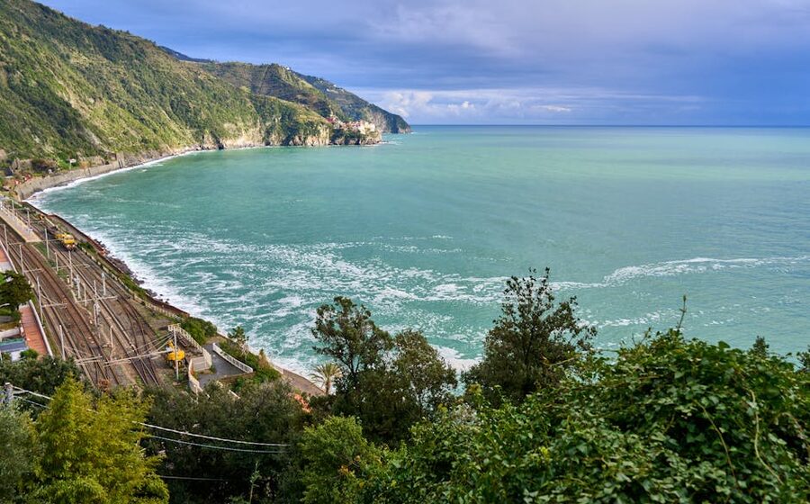 Ligurian coast with railway line cutting along the cliffs