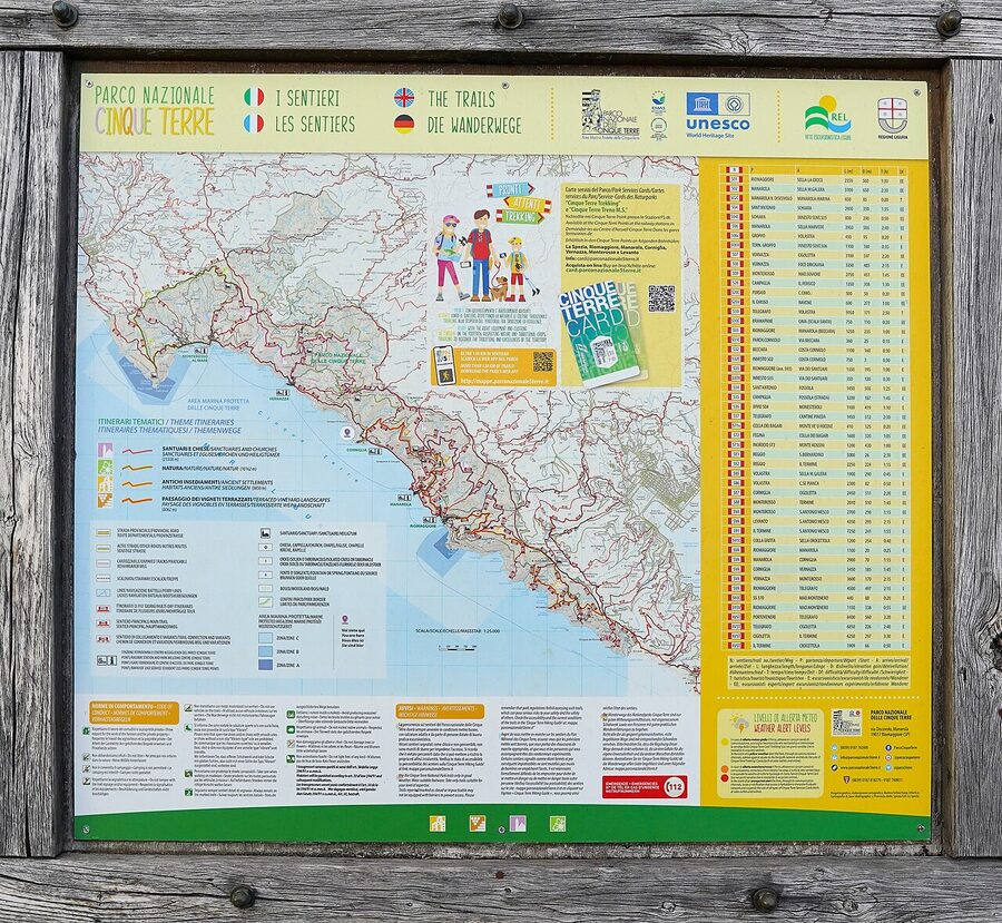 Hiking trails map sign in Corniglia, Cinque Terre