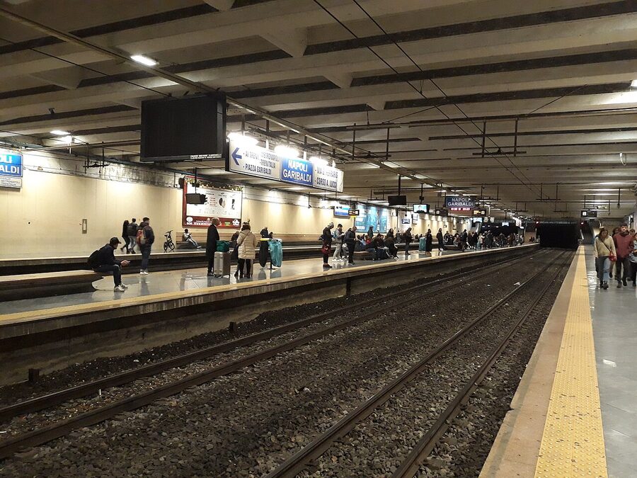 Circumvesuviana train at Napoli Garibaldi station heading to Pompeii